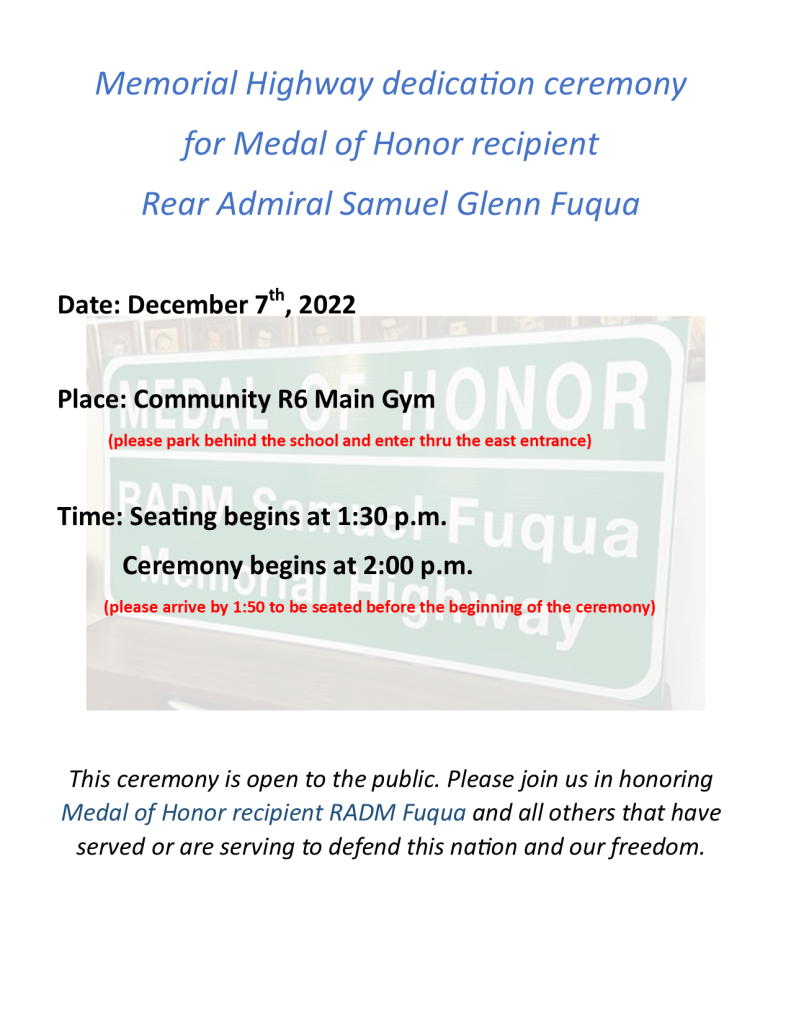 Memorial Highway Dedication Ceremony for Rear Admiral Samuel Fuqua ...